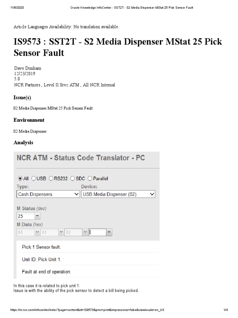 S2 Media Dispenser MStat 25 Pick Sensor Fault | PDF