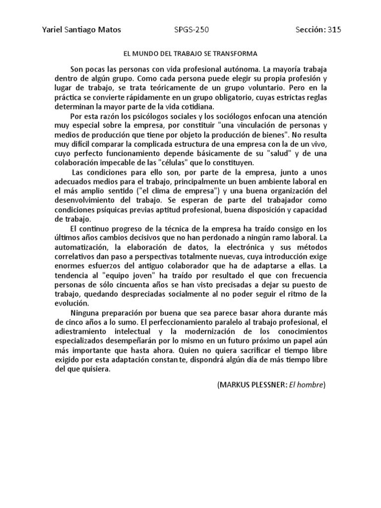 SPGS 250 - Tarea El Mundo Del Trabajo Se Transforma - YSM | PDF