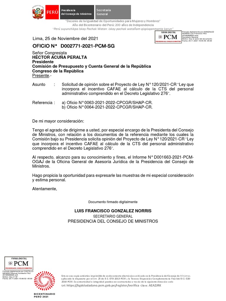 120 PCM OFICIO 2771 Rpta | PDF | Ministerio (Departamento de Gobierno ...
