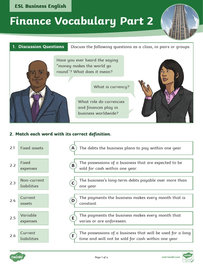 ESL Finance Vocabulary Worksheet | PDF | English As A Second Or Foreign ...