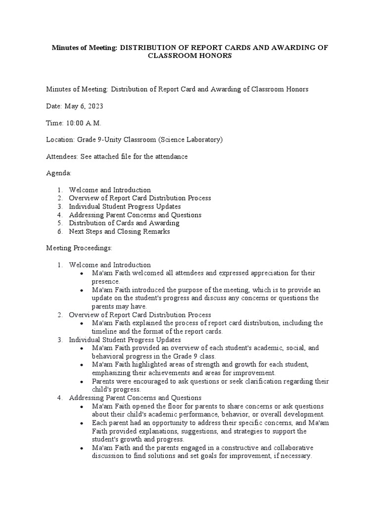 MINUTES OF MEETING -DISTRIBUTION OF REPORT CARDS | PDF | Faith | Learning