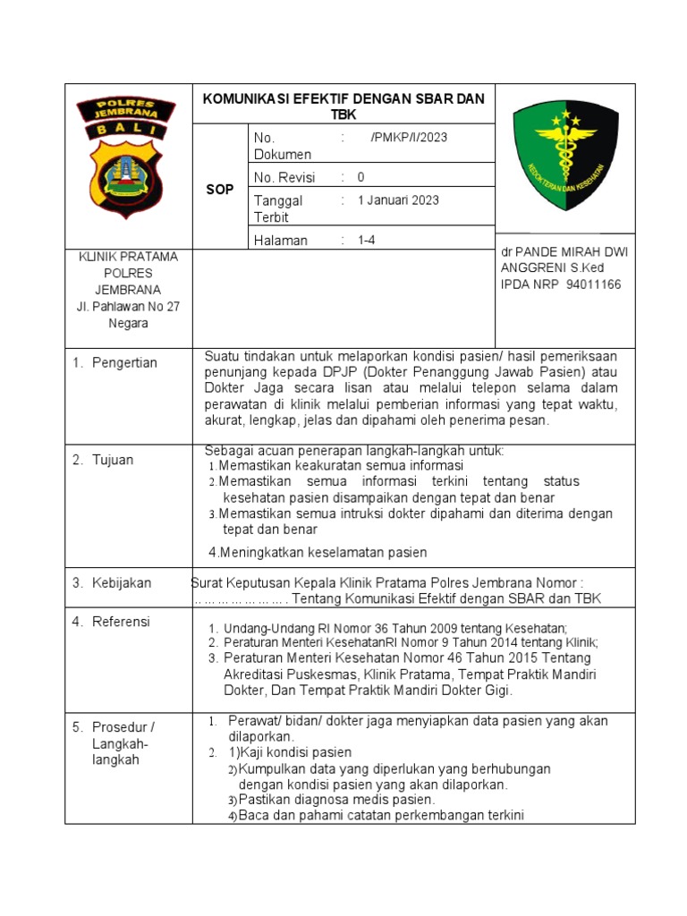 Sop Komunikasi Efektif Dengan Sbar Dan TBK | PDF | Kesehatan Holistik | Sains & Matematika