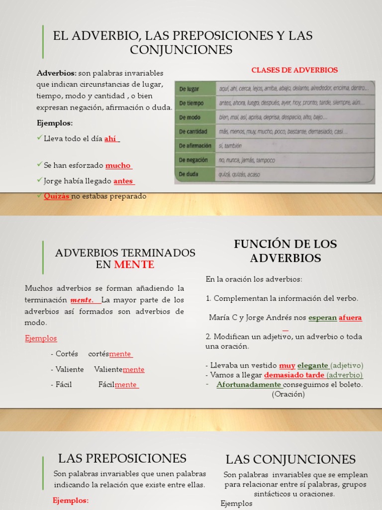 El Adverbio, Las Preposiciones y Las Conjunciones Presentación | PDF