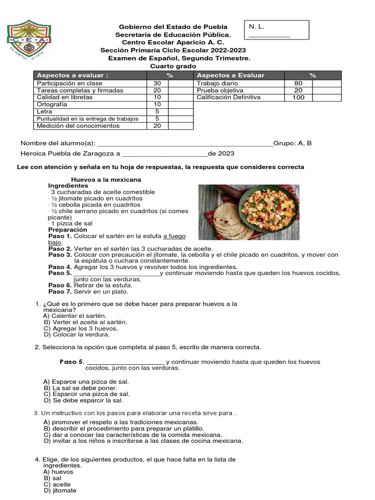 Examen de Español 4º Grado | PDF