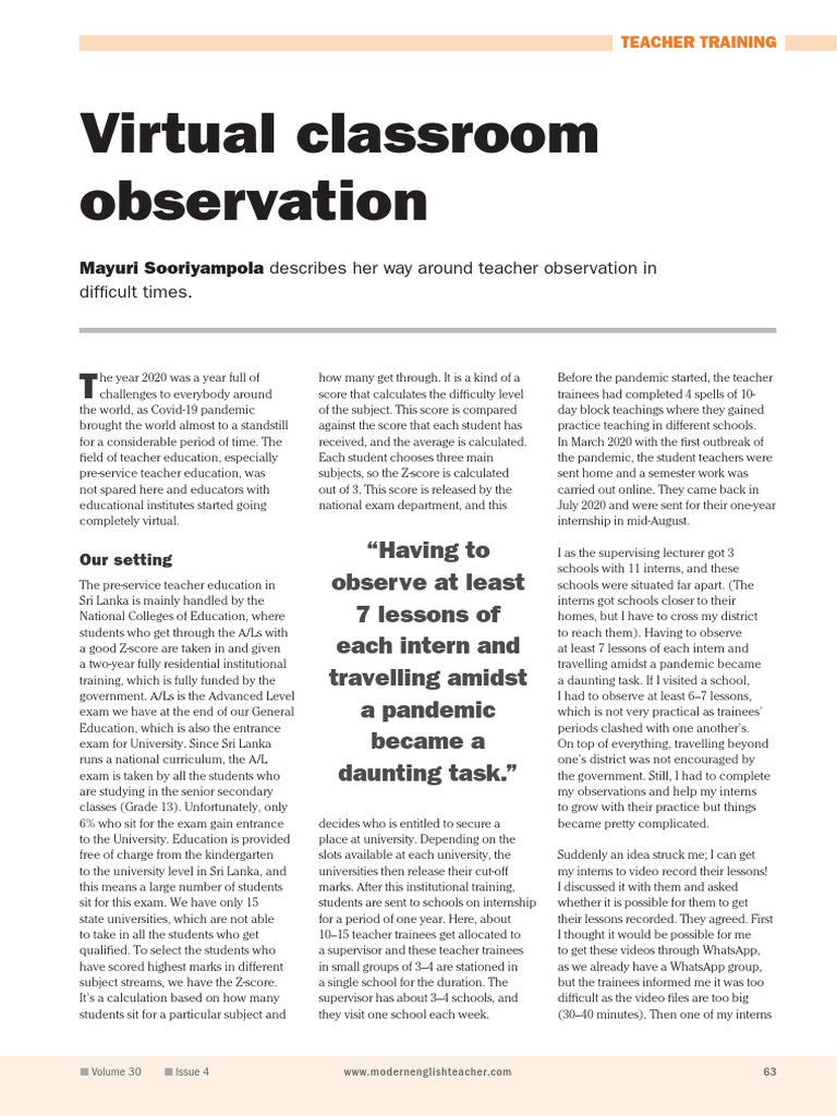 Virtual Classroom Observation | PDF | Teachers | Internship