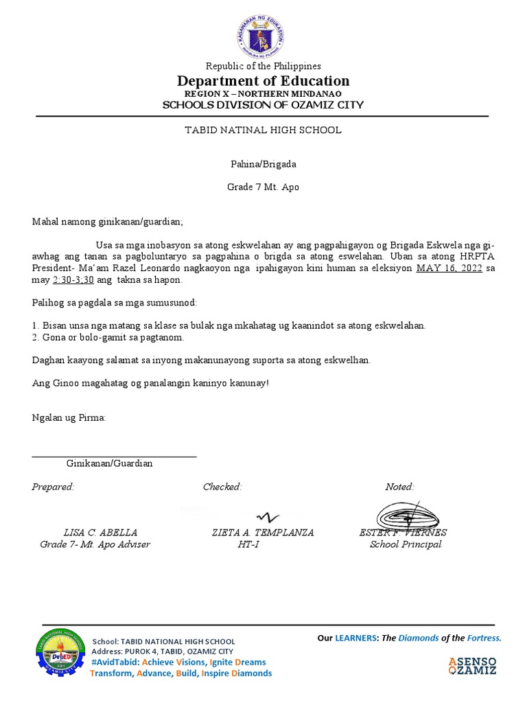 Sulat para Sa Ginikanan para Brigada | PDF Sulat para Sa Ginikanan para Brigada | PDF