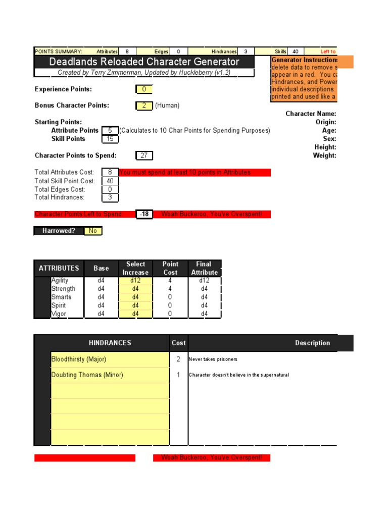 Deadlands Reloaded Character Generator v1.2 | PDF