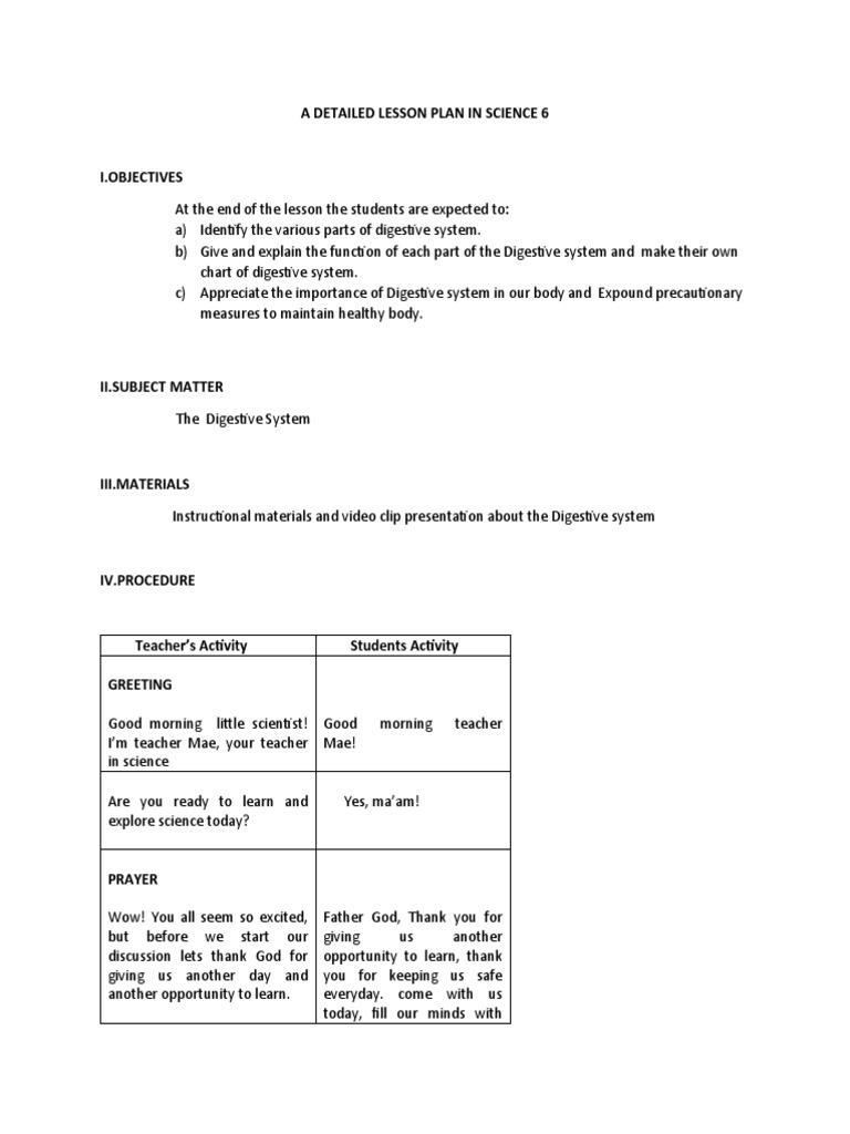 Detailed Lesson Plan in Science 6 Digestive System | PDF