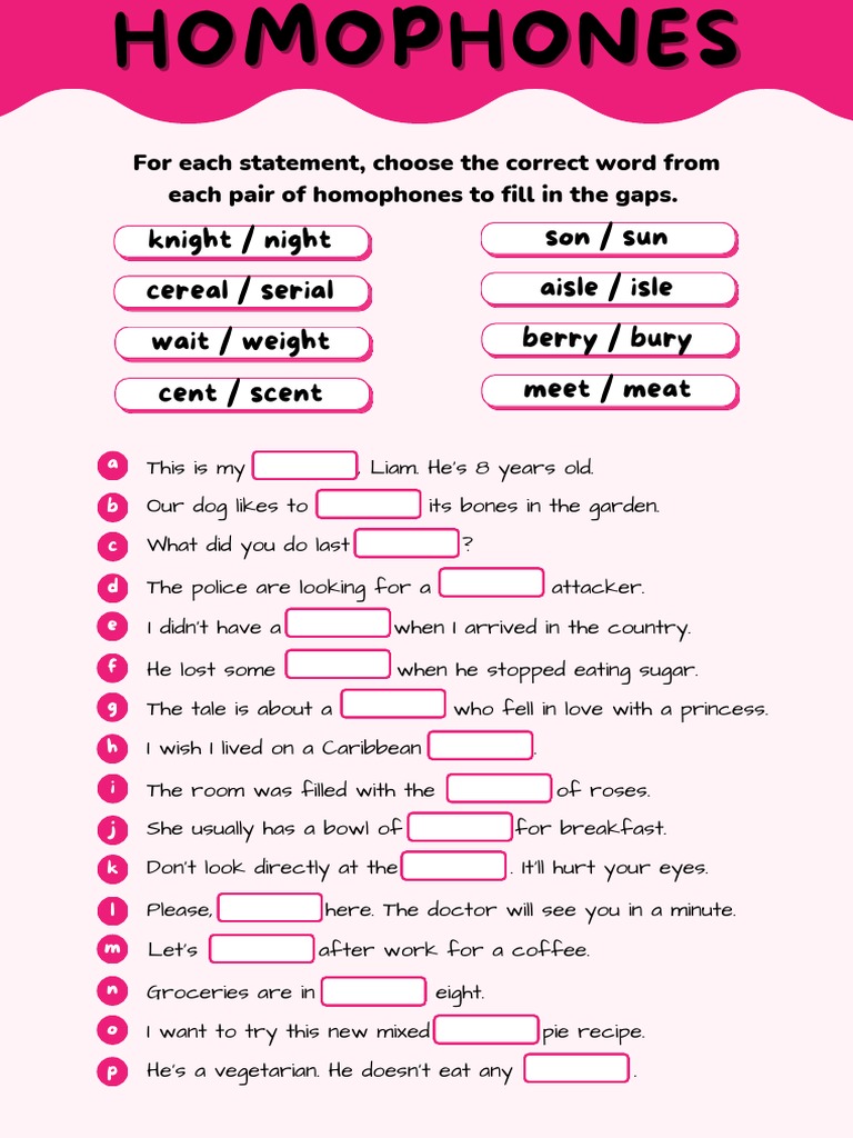 English Homophones Printable Worksheet | PDF