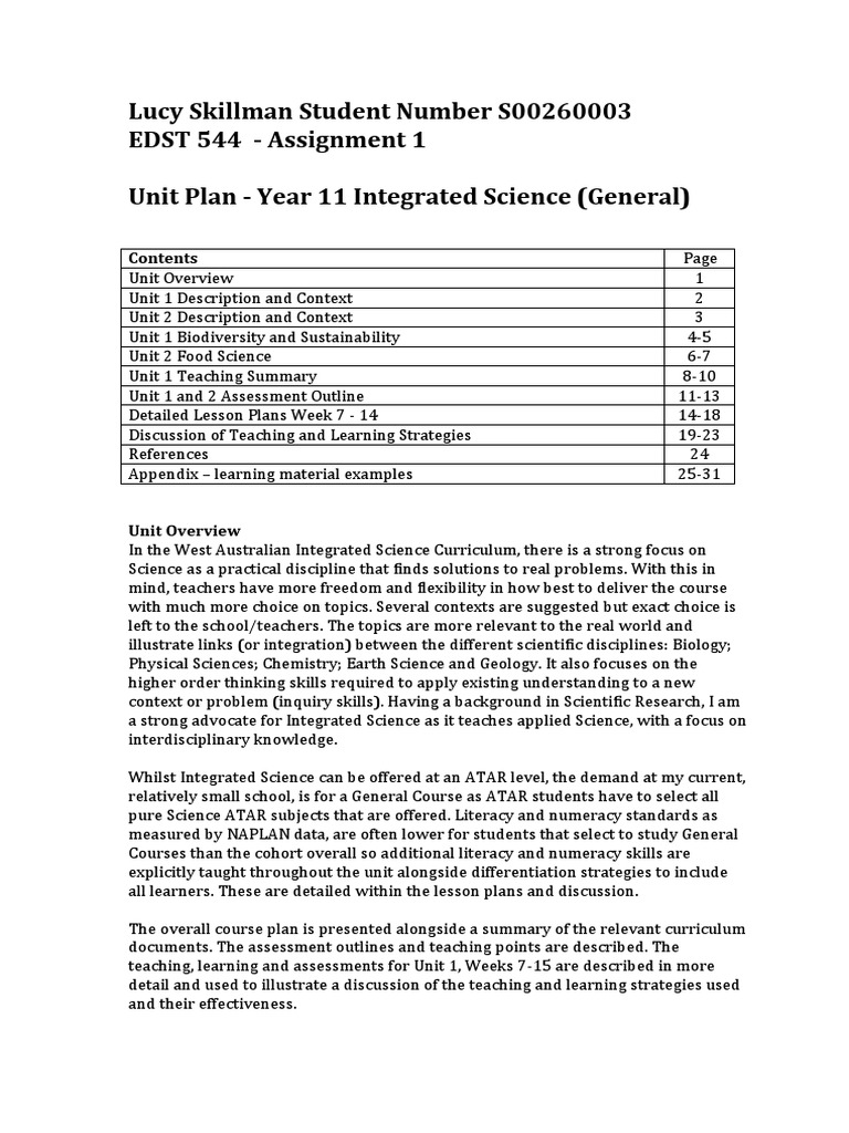 Integrated Science Unit Plan Skillman CPA 2020 | PDF | Mixture | Chemistry