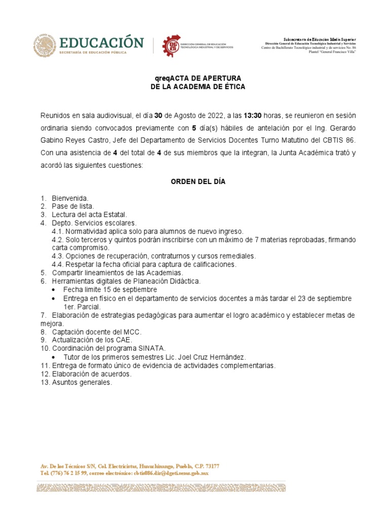 ACTA DE ACADEMIA APERTURA 2022 Ou | PDF | Maestros | Modificación de comportamiento