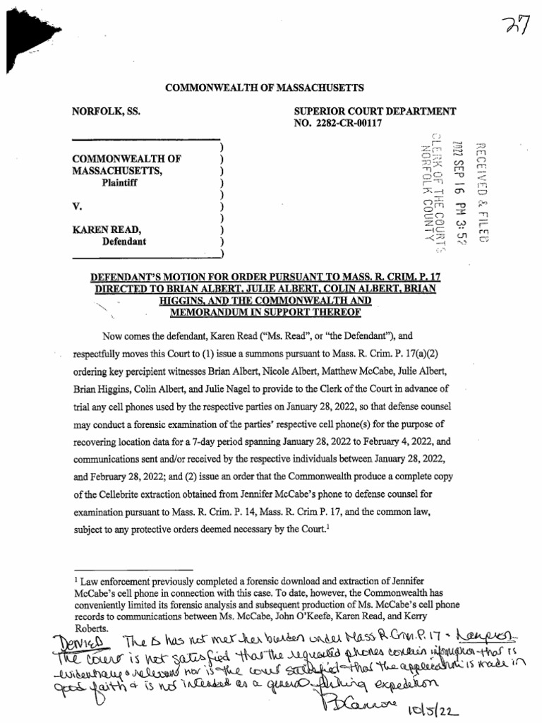 Defendant's Motion For Order Pursuant To MASS R. CRIM. P. 17 Directed ...