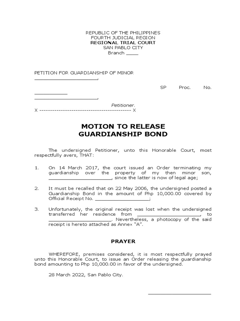Sample Motion To Release Guardianship Bond | PDF