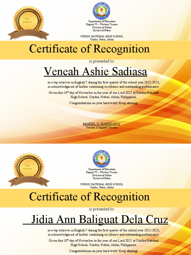 Certificate of Appreciation To Top Achievers ENGLISH 7 | PDF
