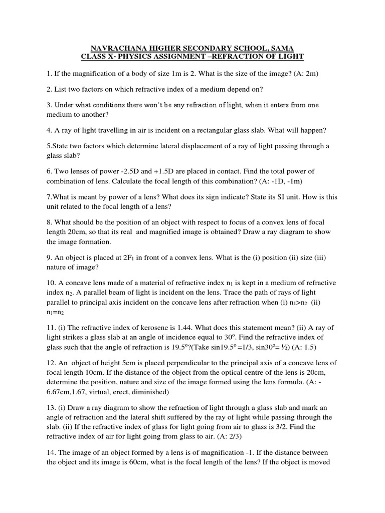 Refraction of Light - Worksheet | PDF