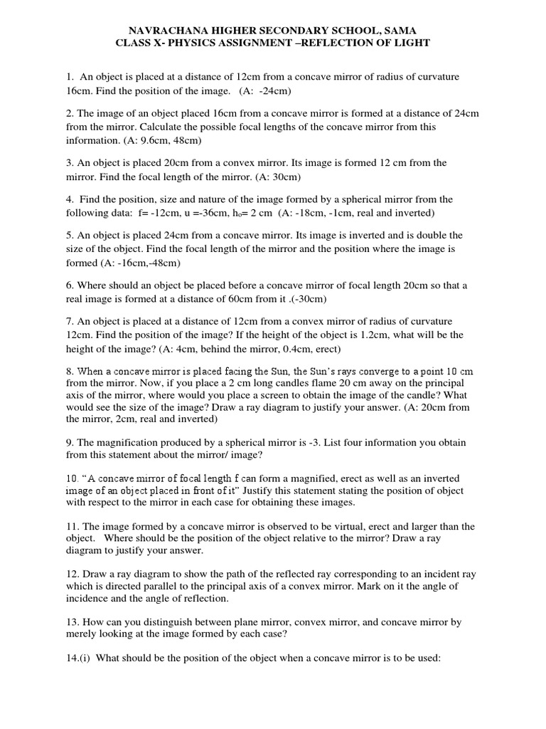 Class 10 Reflection of Light Assignment | PDF | Optics | Atomic