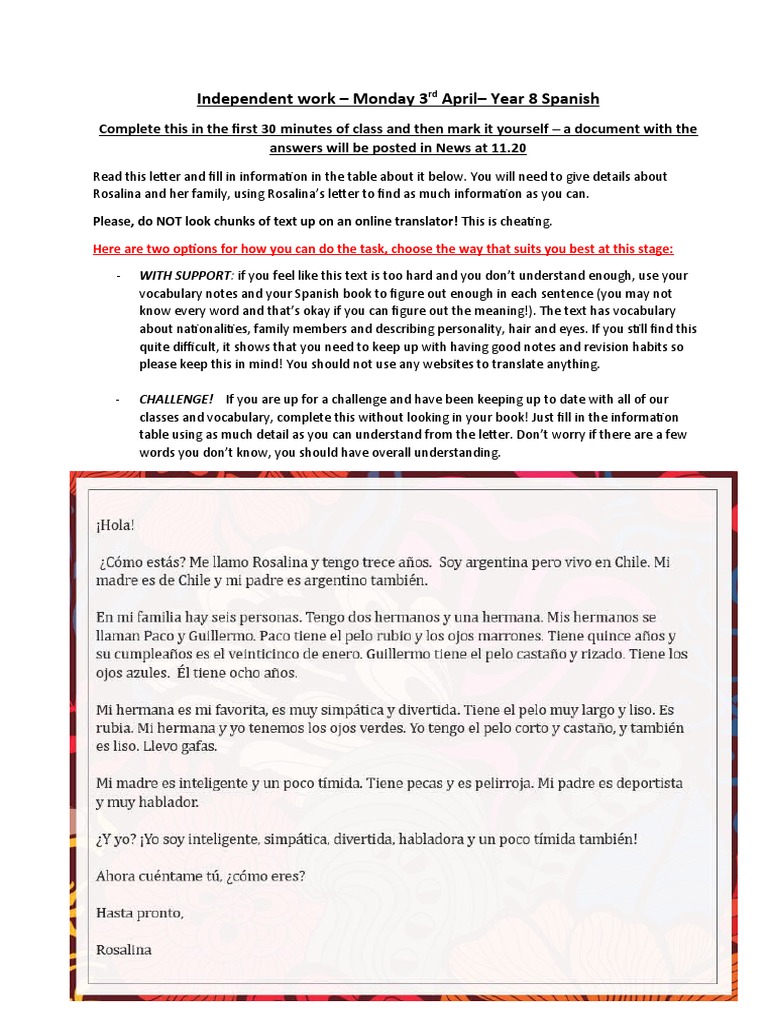 Mi Familia - Rosalina - Reading Comprehension | PDF