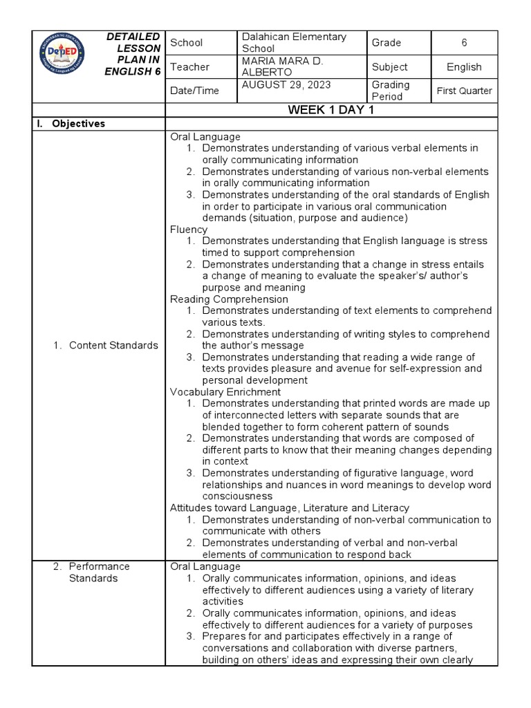 English 6 DLP q1 Week 1 Day 1 | PDF