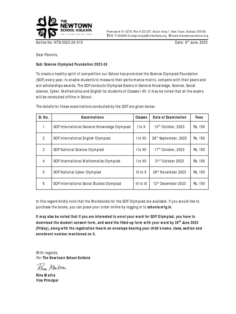 SOF Olympiad Registration Notice 2023-24 | PDF | Sports & Recreation