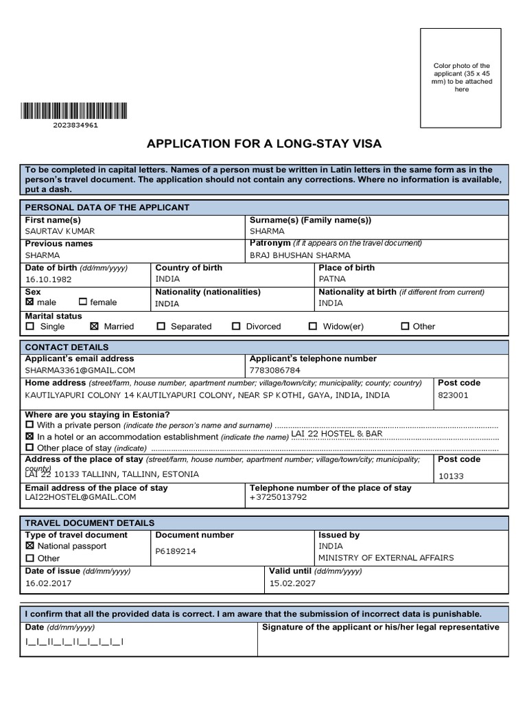D Visa Application | PDF | Travel Visa | Stored Value Card