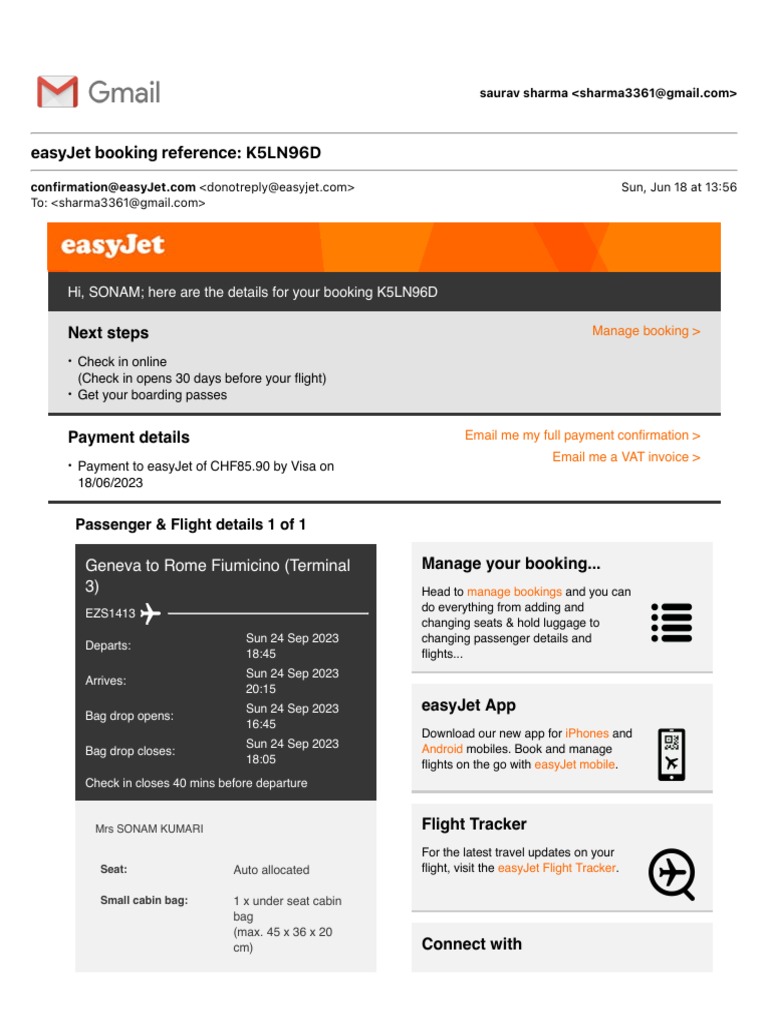 EasyJet Booking Reference K5LN96D | PDF