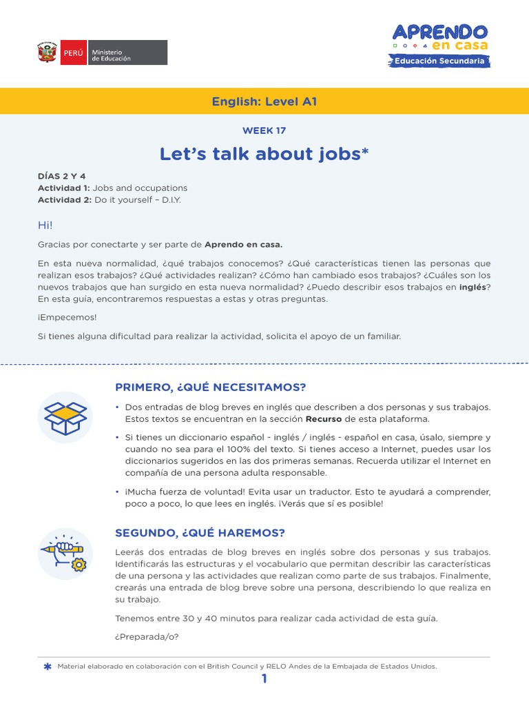 Descripción de trabajos en inglés A1 | PDF | Lingüística | Comunicación ...