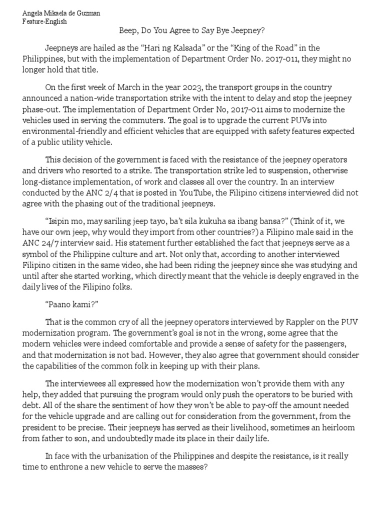 Angela Mikaela de Guzman Article On Jeepney Phase Out | PDF | Transport ...