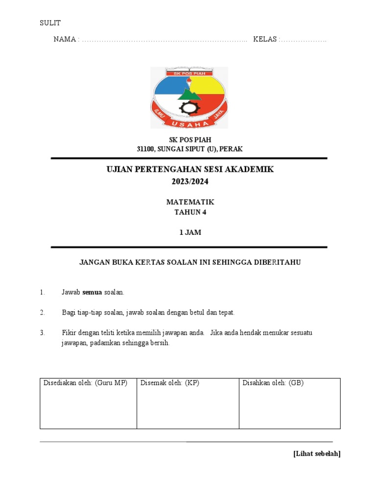 Kulit Soalan Uasa SK Pos Piah | PDF