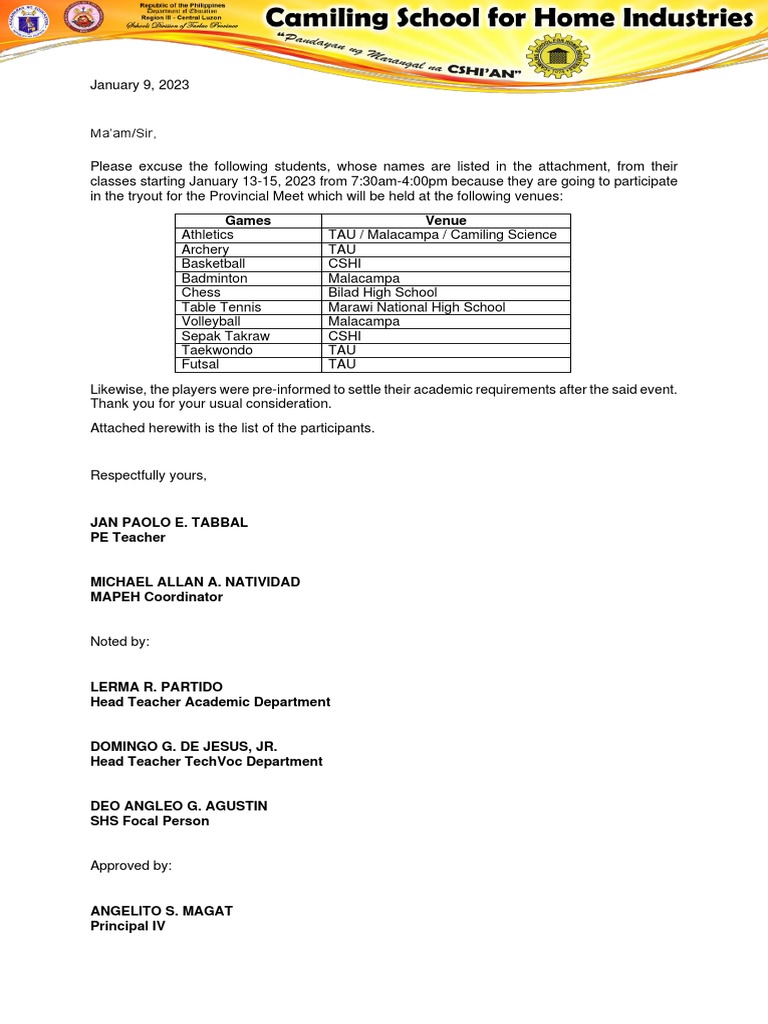Excuse Letter for Student Athletes | PDF