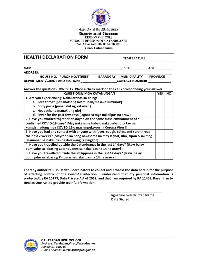 Health Declaration Form | PDF | Diseases And Disorders | Immunology