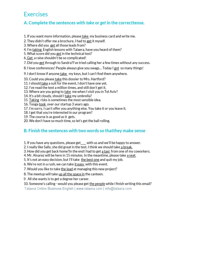 Take vs Get Exercises | PDF