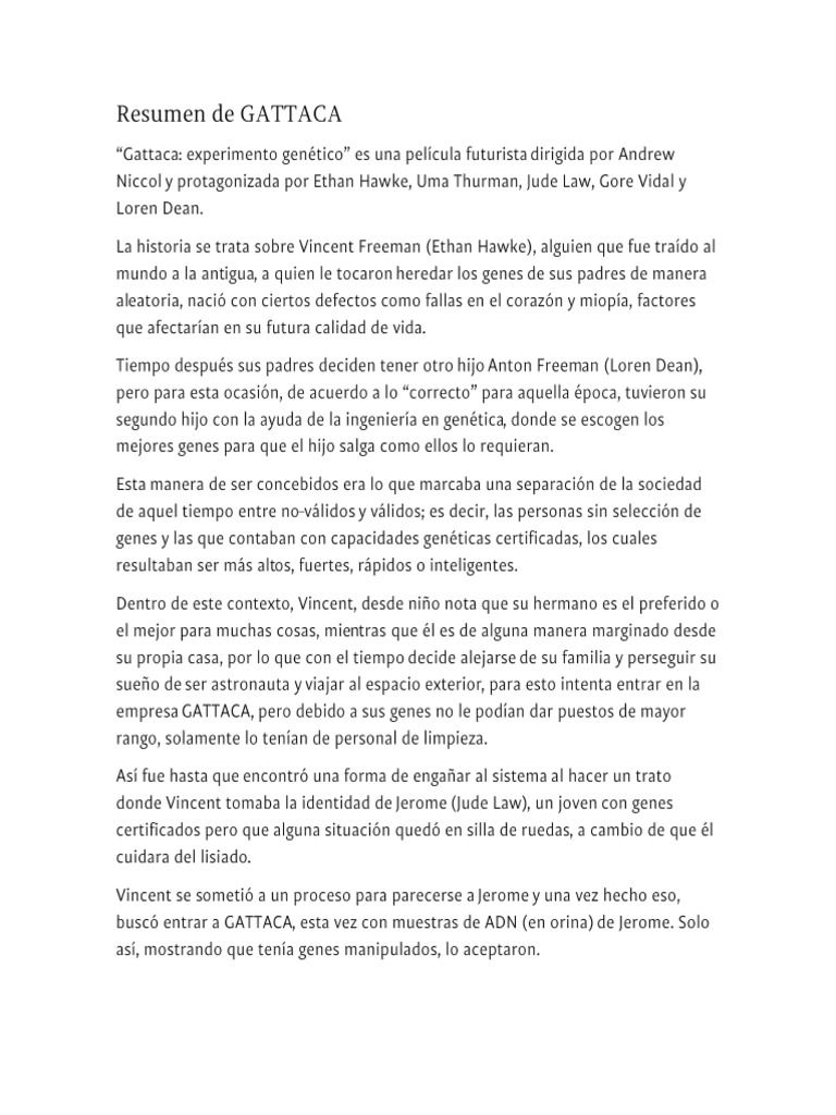 Resumen de Película GATTACA | PDF