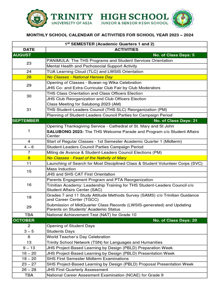 Monthly School Calendar of Activities For School Year 2023 | PDF