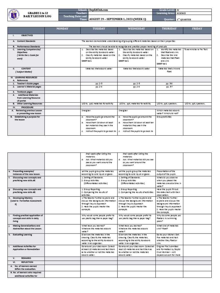 DLL - Science 4 - Q1 - W1 | PDF | Teachers | Learning