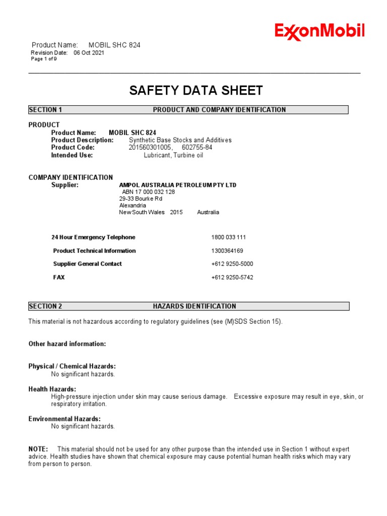Mobil SHC 824 Safety Data Sheet | PDF | Toxicity | Waste Management