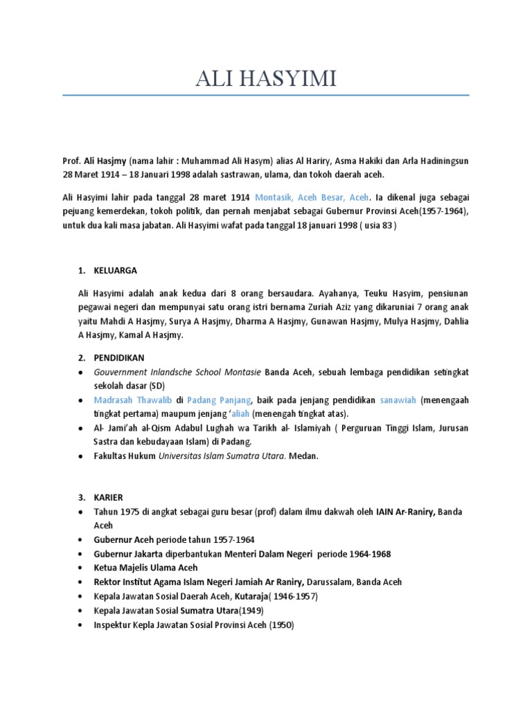 Biografi Prof. Ali Hasjmy, Sastrawan Aceh | PDF | Klasik