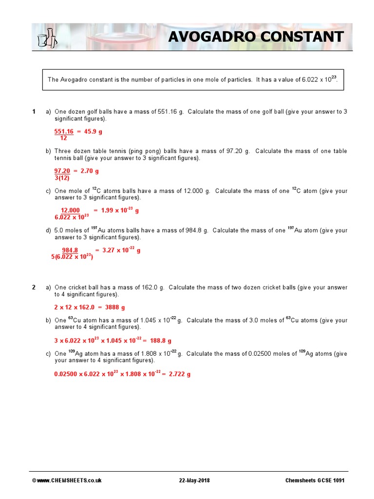 Chemsheets GCSE 1091 Avogadro Constant ANS 0mply | PDF