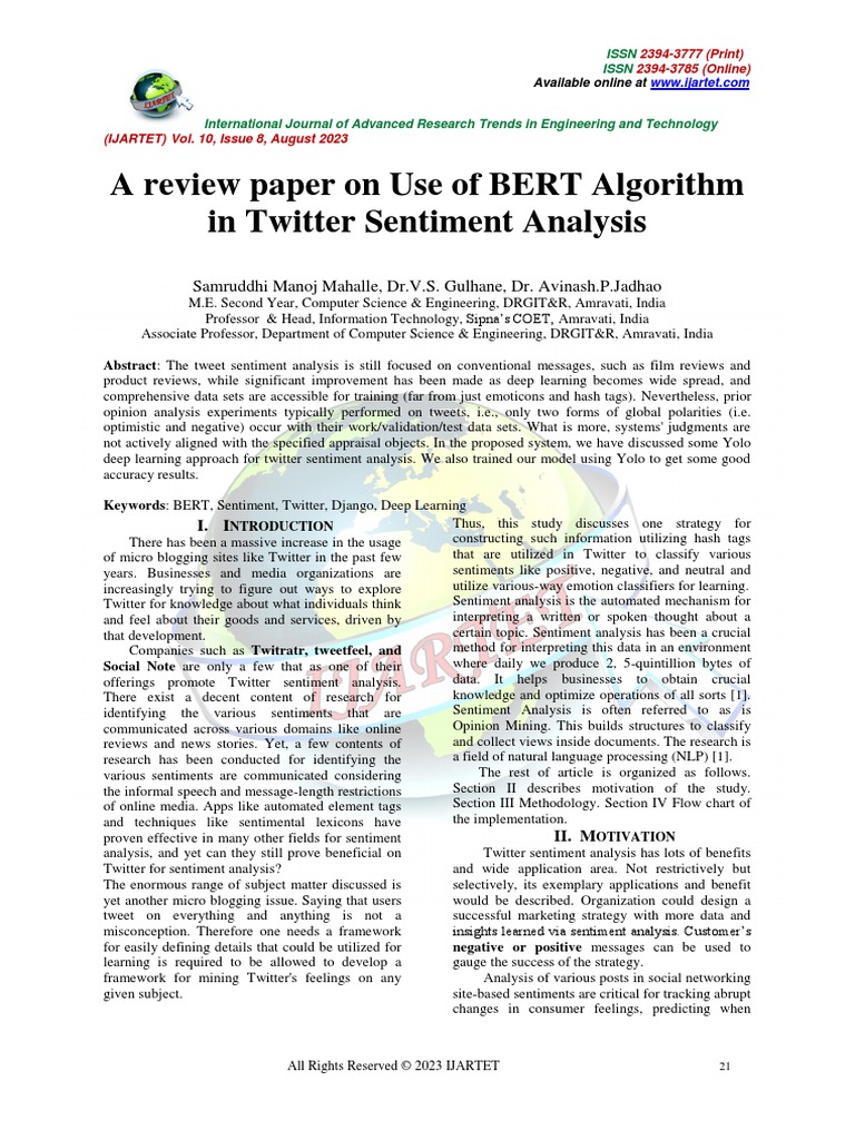 A Review Paper On Use of BERT Algorithm in Twitter Sentiment Analysis | PDF | Machine Learning ...