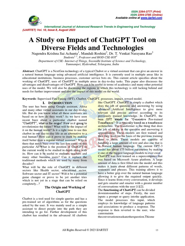 A Study on Impact of ChatGPT Tool on Diverse Fields and Technologies | PDF