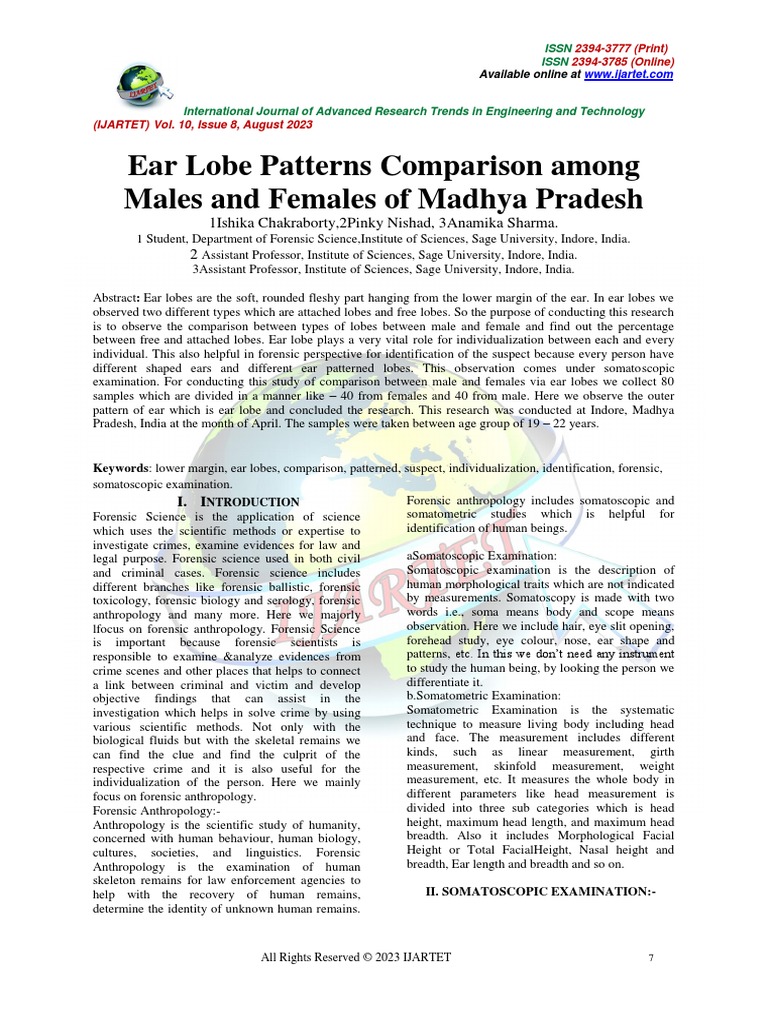 Ear Lobe Patterns Comparison Among Males and Females of Madhya Pradesh ...