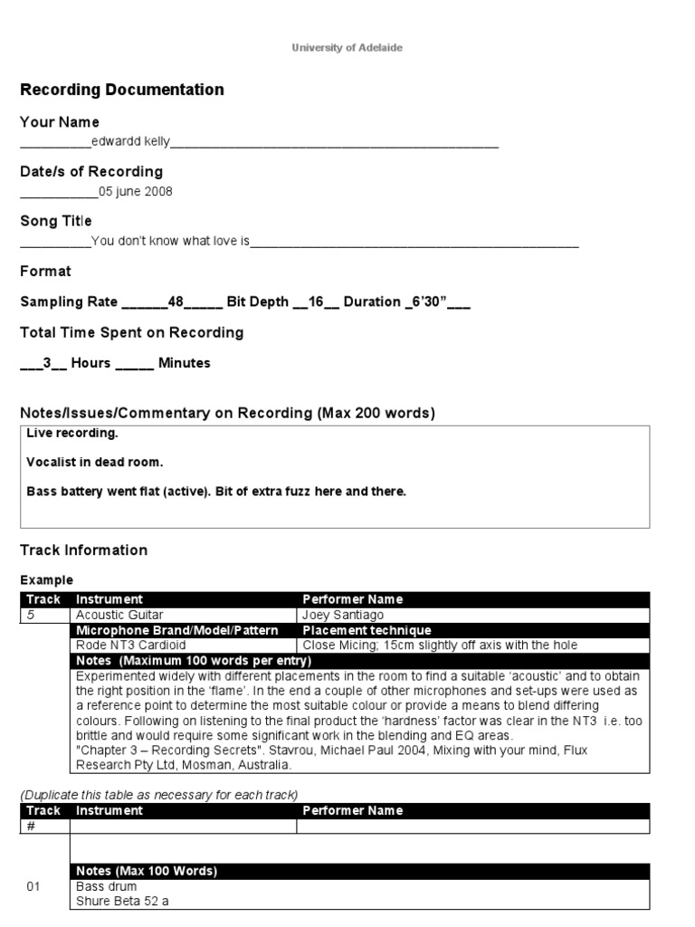 University of Adelaide Recording Log | PDF