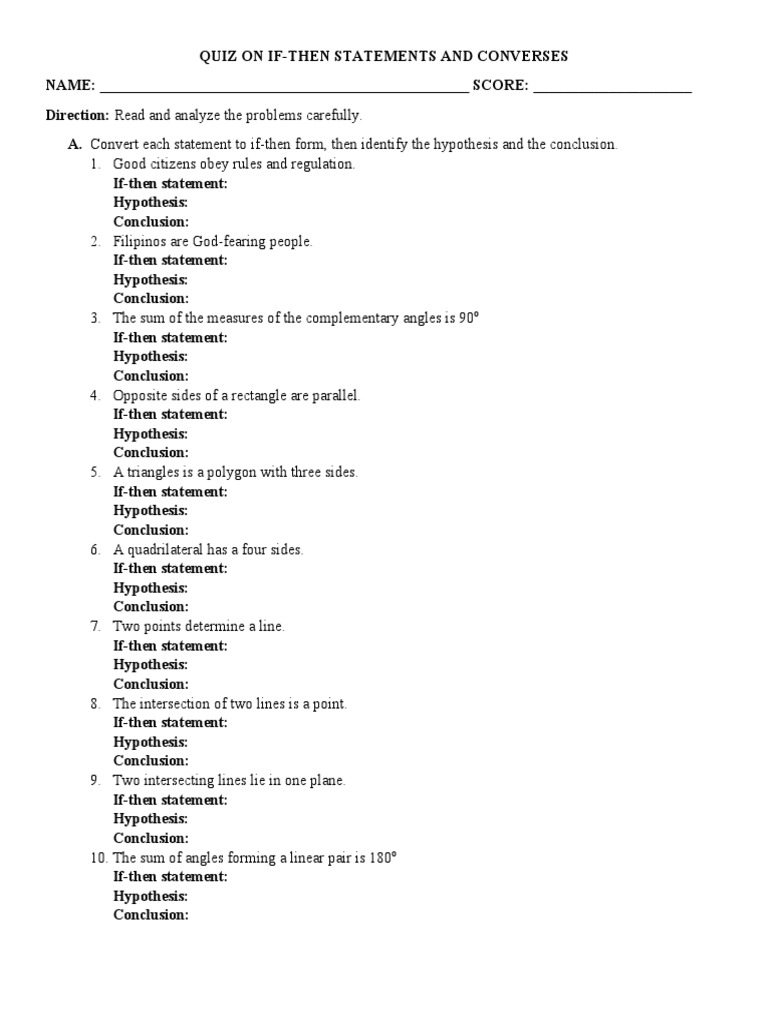Quiz On If Then Statements | PDF | Triangle | Euclid