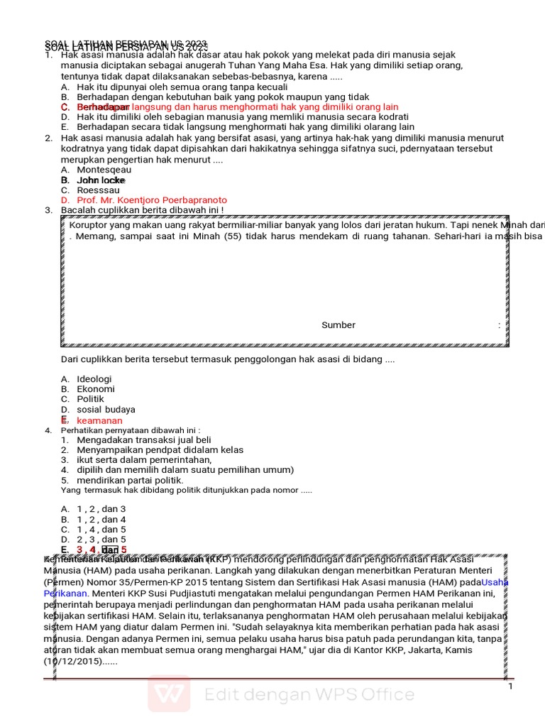 Soal Latihan Persiapan Us 2023 | PDF