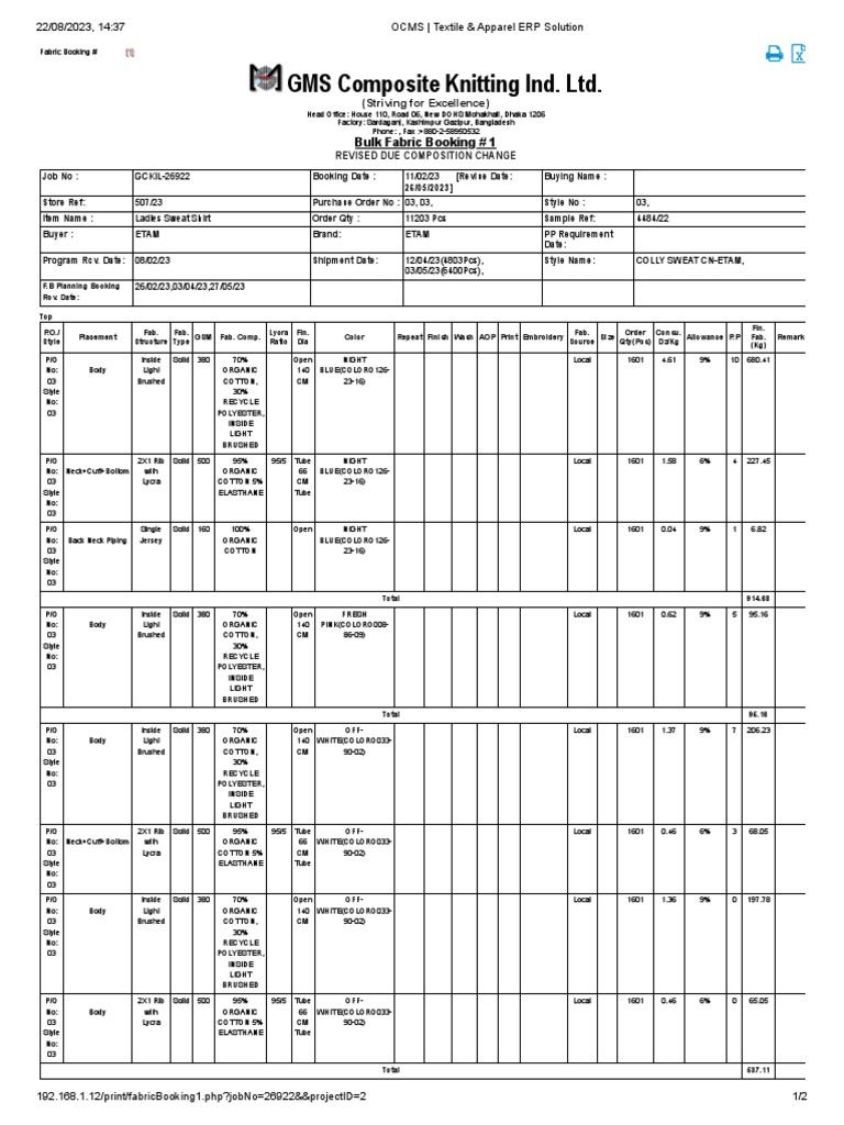 Colly Sweat Fabric Booking | PDF | Textiles | Materials