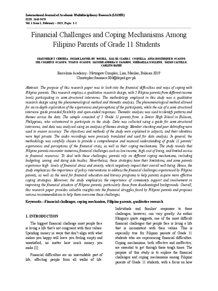 Financial Challenges and Coping Mechanisms Among Filipino Parents of ...