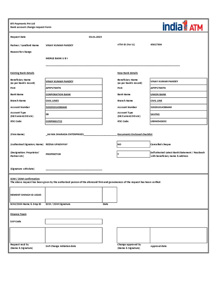 Bank Account Change Request Form | PDF | Banks | Corporations