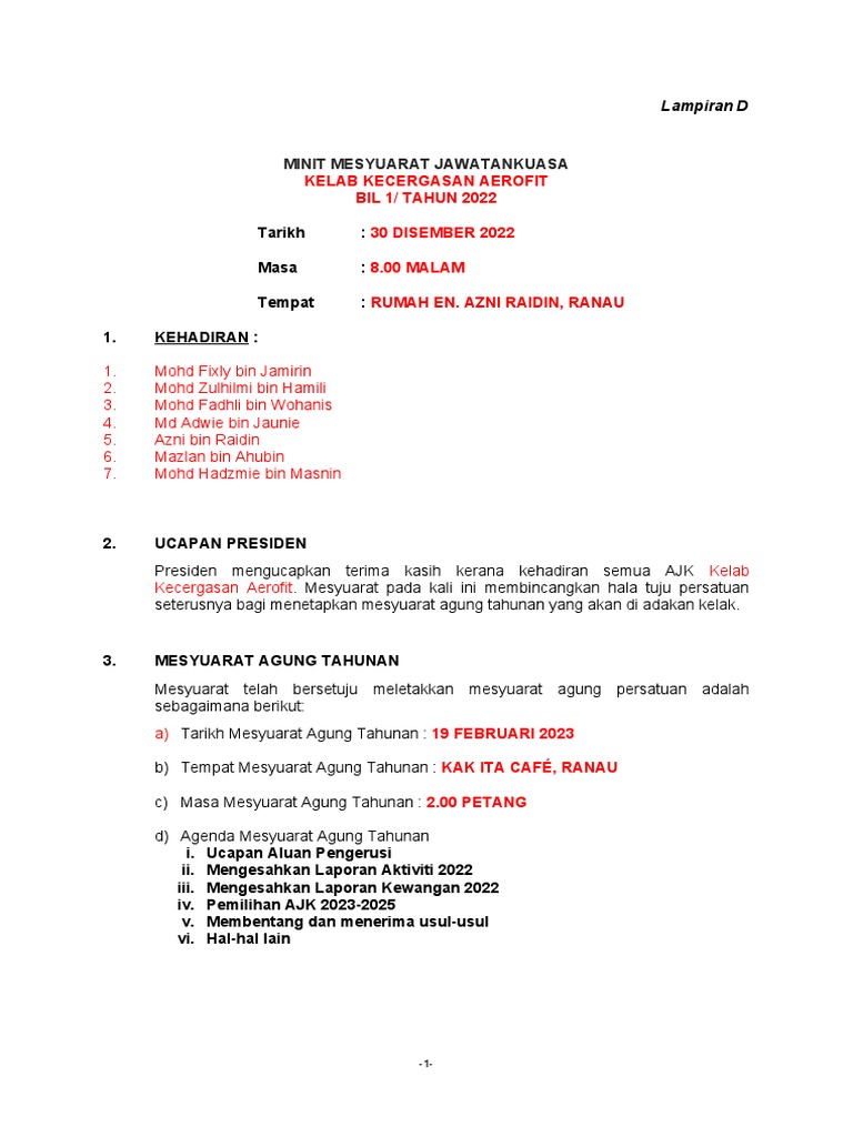 Minit Mesyuarat Jawatankuasa (Penetapan AGM) | PDF