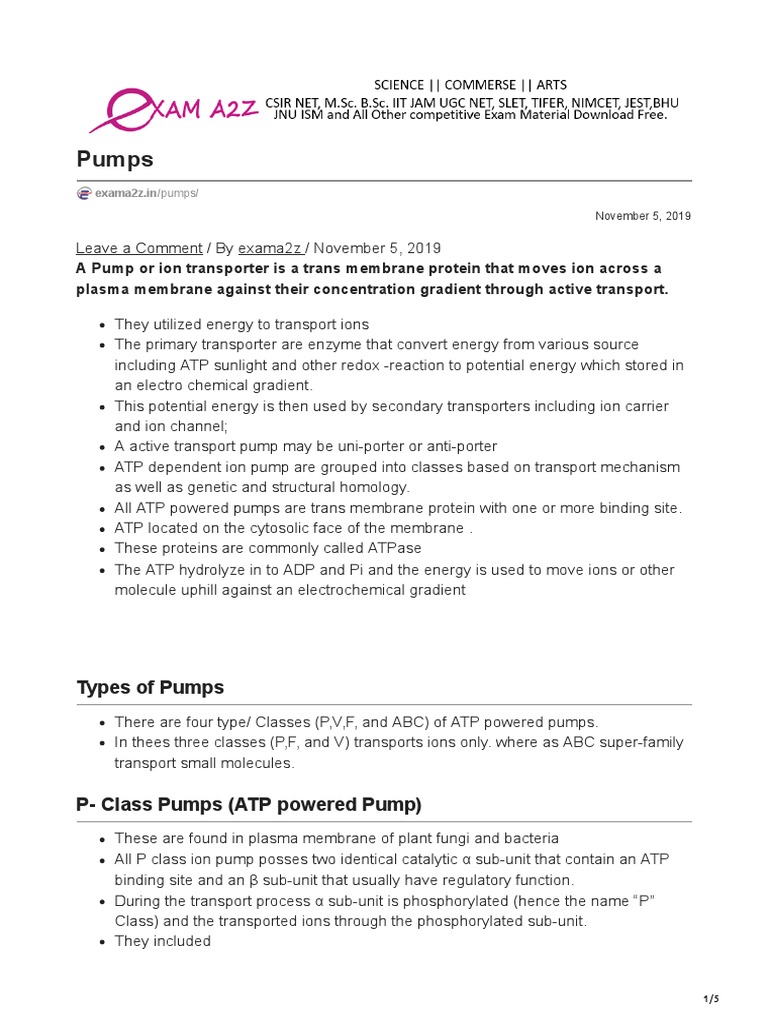 Pumps (Cell Biology) | PDF