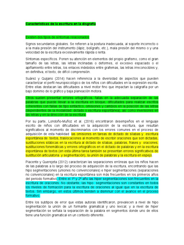 Características de La Escritura en La Disgrafía | PDF