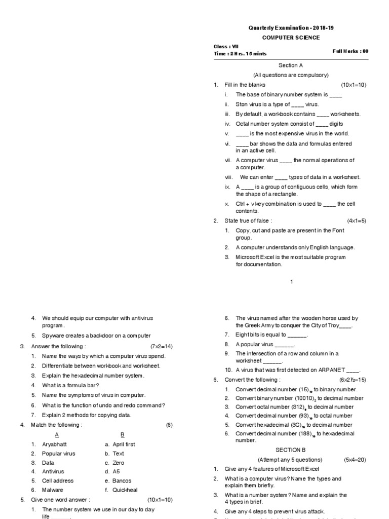 icse-class-7-qty-computer-science-2019 | PDF | Computer Virus | Microsoft Excel
